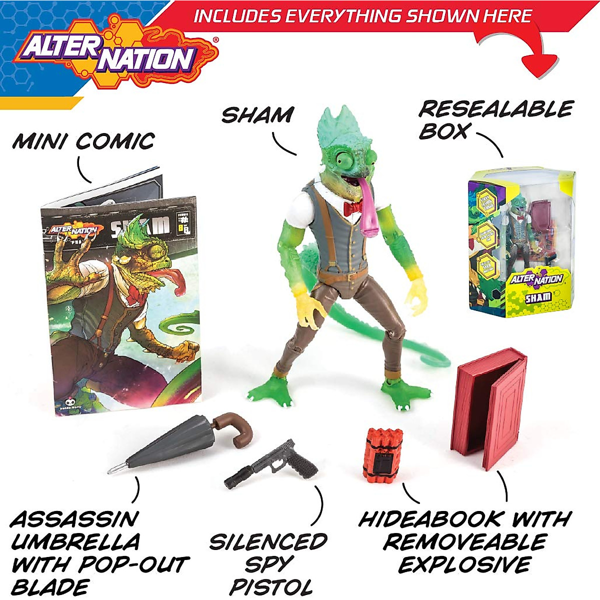 Alter Nation Sham Human Chameleon Alligator Hybrid Web Cartoon Dark Horse Comics Graphic Novel Action Figure with Thermal Color Changing Body & Mini Comic Book Great Gift for Kids 6 & Up