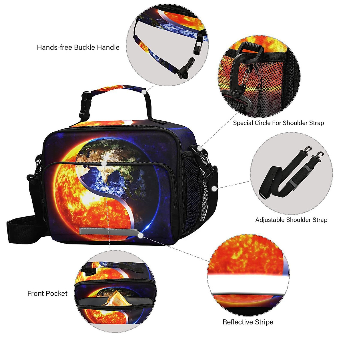 3d Balance Yin Yang Lunch Bag for Women Men Japanese Sun Earth Insulated Cooler Tote Bag with Adjustable Shoulder Strap Large Capacity Reusable Leakproof Picnic Lunch Box Outdoor for Adult Office