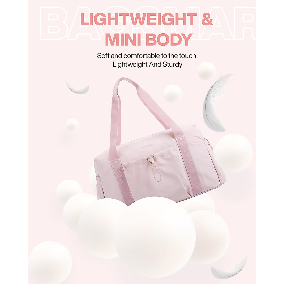 BAGSMART Foldable Travel Duffle Bag For Women, Gym Tote Bag for Sports, 26L Airport Carry On Weekender Overnight Bag for Travel, Travel Accessories(Baby Pink)