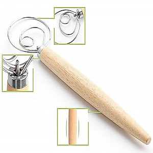 Danish Dough Whisk Bread Making Tools Stainless Steel Danish Dough Hook Bread Dough Mixer Hand Bread Dough Whisk for Pastry, Baking Cake, Dessert, Sourdough, Pizza, with Wooden Handle, 13 inch