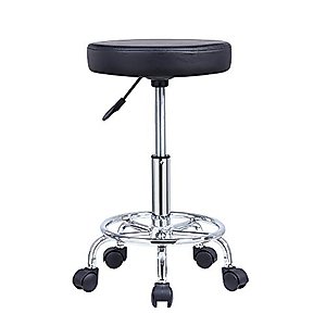 KKTONER PU Leather Round Rolling Stool with Foot Rest Swivel Height Adjustment Spa Drafting Salon Tattoo Work Office Massage Stools Task Chair Cushion 14 inches (Black)
