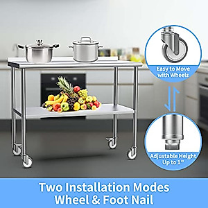 ROVSUN 36' x 24'' Stainless Steel Table for Prep & Work,Commercial Worktables & Workstations,Heavy Duty Metal Table with Wheels & Backsplash for Kitchen, Restaurant,Home,Hotel