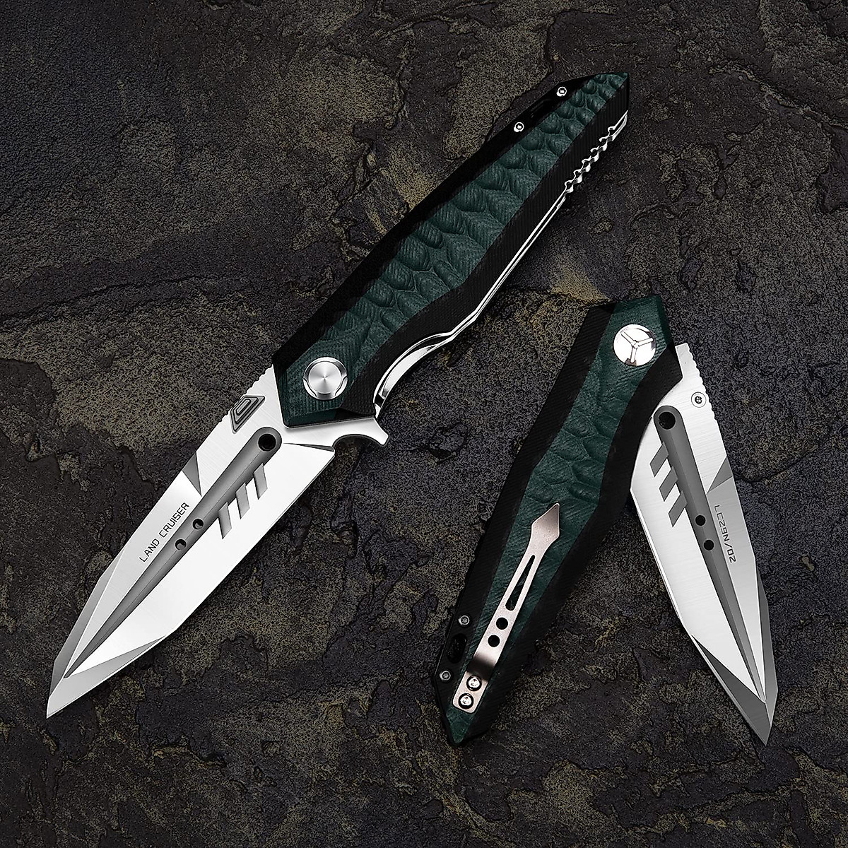 NEWOOTZ folding pocket knife with 4in d2 tool steel blade,liner lock g10 handle,edc camping hunting knives with clip for men and women (green)