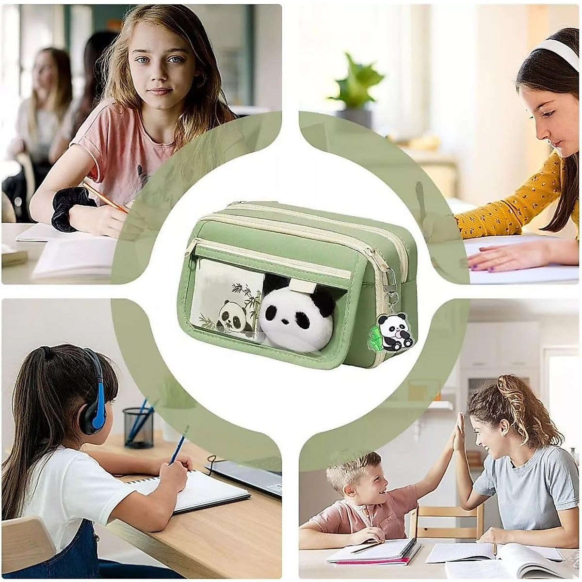 Cute Panda Pencil Case, Aesthetic Panda Bag Organizer with Compartment, Large Capacity Cute Pencil Case with Stickers Brooch Keychain, Pencil Pouch Stationery with Zipper (Green)