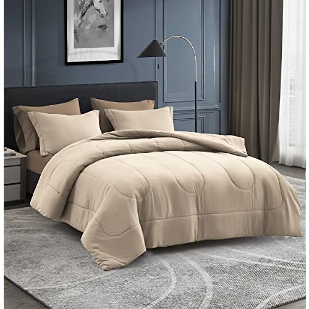 Maple&Stone Twin XL Comforter Set 5 Pieces Bed in a Bag - Down Alternative Bed Set with Sheets, Pillowcase & Sham, Soft Reversible Duvet Insert for Twin XL Bed, Khaki