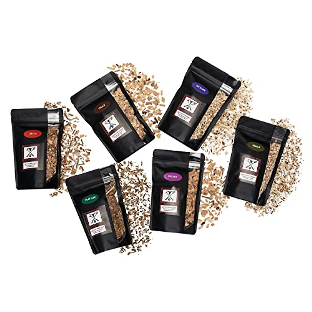 Jax Smok'in Tinder Fine BBQ Smoker Wood Chips - Sampler Pack for Electric Smokers, Indoor Stove Top Smoker, 6 Packs of Scented Chips, BBQ Accessories (Apple, Post Oak, Pecan, Hickory, Cherry, Maple)