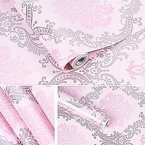 Yifely Vintage Pink Damask Self-Adhesive Shelf Drawer Liner Moisture Proof PVC Mat 45x300cm