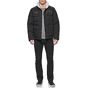 Levi's Men's Mixed Media Quilted Puffer Jacket with Sherpa Lined Collar (Regular and Big & Tall Sizes), Black/Faux Leather, X-Large