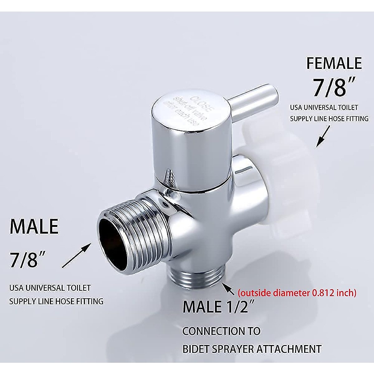 Carvedexquisitely T-adapter with Shut off Valve, Metal Brass 3-way T Adapter for Handheld Toilet Bidet Spray,7/8"×7/8"×1/2" or 3/8" chrome