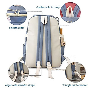 Kawaii Backpack 5Pcs Set Aesthetic School Bags, Cute Backpack Bookbag with Badge Pendants and Pins Rucksack for Teen Girls (Blue)