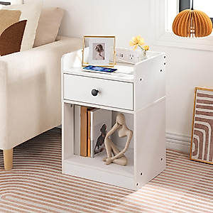 HOOBRO Nightstand with Charging Station, End Table with Drawer and Opening Shelf, Side Table with USB Ports and Outlets, Bedside Table for Bedroom, Small Night Stand Simple Style, White WT18UBZ01