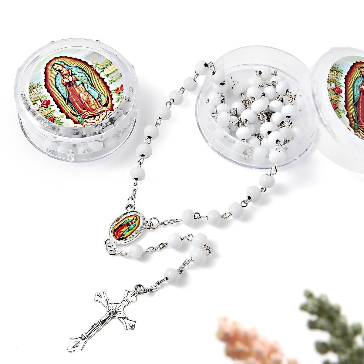 Brilucky 24 PCS White Rosary Beads Bulk For Baptism Favors,Lady Guadalupe Rosarios Catolicos First Communion Favors For Guests,Rosary Beads Necklace Gifts For Christian Baby Shower Quinceanera Party