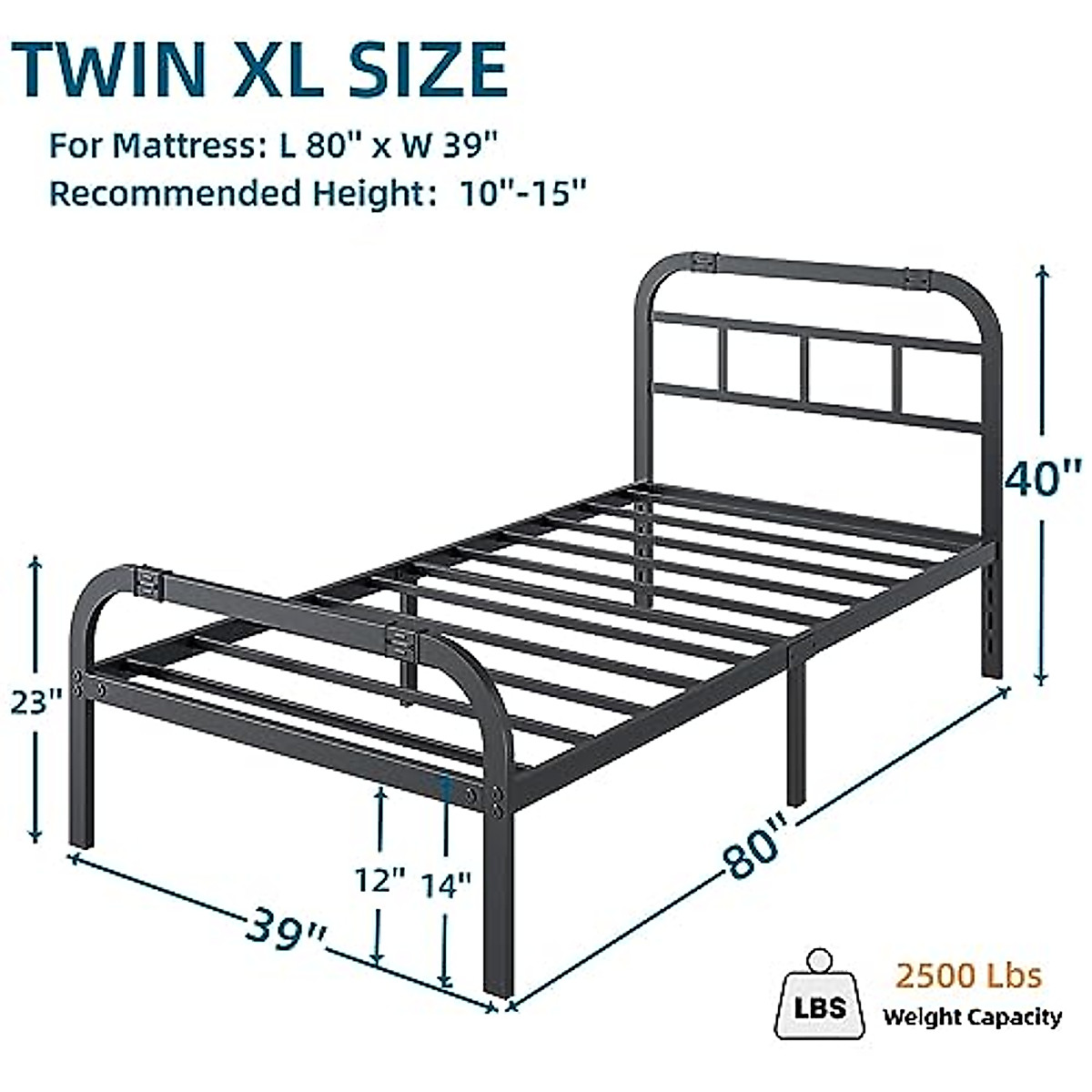 Artimorany Twin XL Bed Frame with Headboard and Footboard, 14 Inch High, 2500 Pounds Heavy Duty Metal Slats Support for Mattress, No Box Spring Needed,Noise-Free, Black