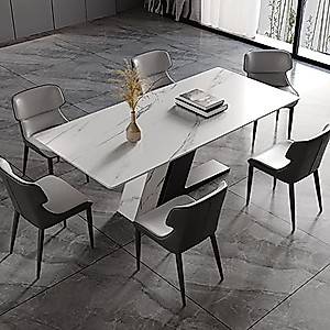 LITFAD Modern Sintered Stone Top Dining Table Rectangle Dinette Table Stainless Steel Base Restaurant Table - White 63" L x 31.5" W Table Only(Not Including Chairs)