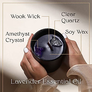 Healing Aromatherapy Crystal Candle| Amethyst and Clear Quartz| Lavender Essential Oil| Wood Wick| Black Soy Wax| Large 10.5 Oz Jar| for Manifestation, Stress Relief, and Magic| Luxury Gift Box|