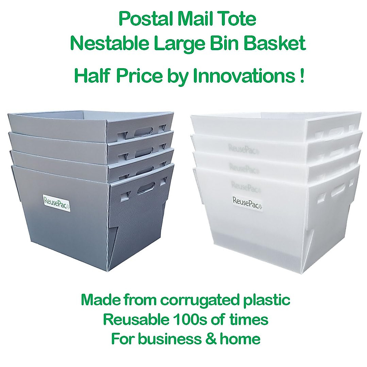 REUSEPAC Postal Mail Tote Nestable Box, Storage Bin Container, Laundry Basket for Home and Business, Corrugated Plastic, Lightweight, Heavy Duty, Foldable,10 Gal (nWhite 4 Pack)