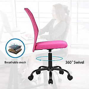 Best Home Product Ergonomic Mesh Office Chair No Arms, Desk Chairs Back Support for Girls Room, Middle Back Rolling Computer Chair, Adjustable Height Task Swivel Chair Pink