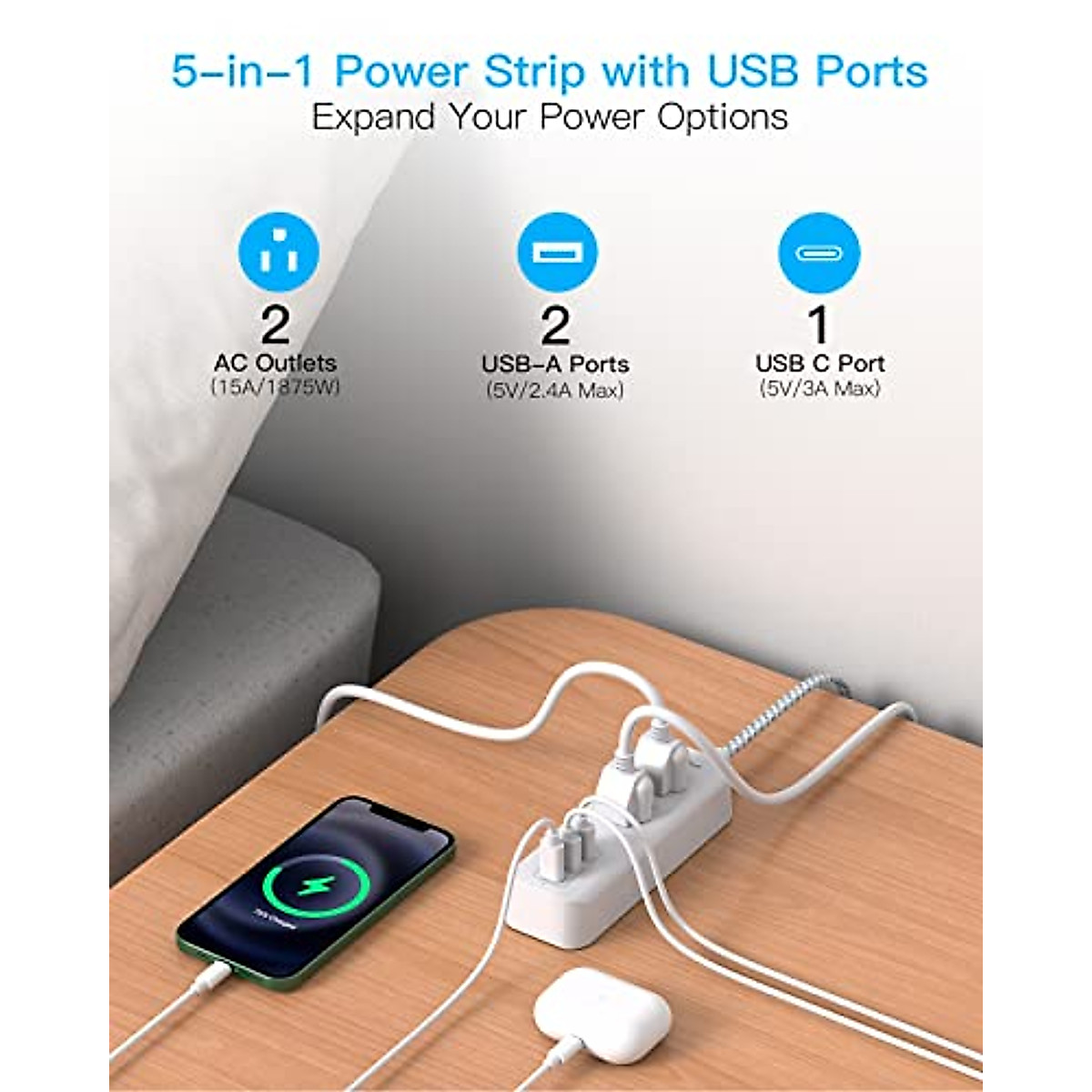 Cruise Essentials, USB C Travel Power Strip, Flat Plug Power Strip with 2 Outlets 3 USB Ports (1 USB C), 5ft Extension Cord Charging Station, Non Surge Protector for Cruise Ship, Travel, Home