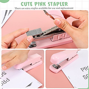 Office Supplies Set Desk Accessory Kit Include Stapler, Staples, Staple Remover, Tape Dispenser, 22 Binder Clips, 30 Paper Clips, 20 Push Pins, 2 Rolls Tape, for Women Christmas Gift (Pink)