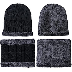 Men Women Beanie Hats - Black Beanie and Scarf Sets Knit Hat Fleece Lined Warm Beanies Ski Cap Snow Hats Unisex Bennies for Man Woman Thick Soft Fabric Hat and Scarf Set Stocking Stuffers