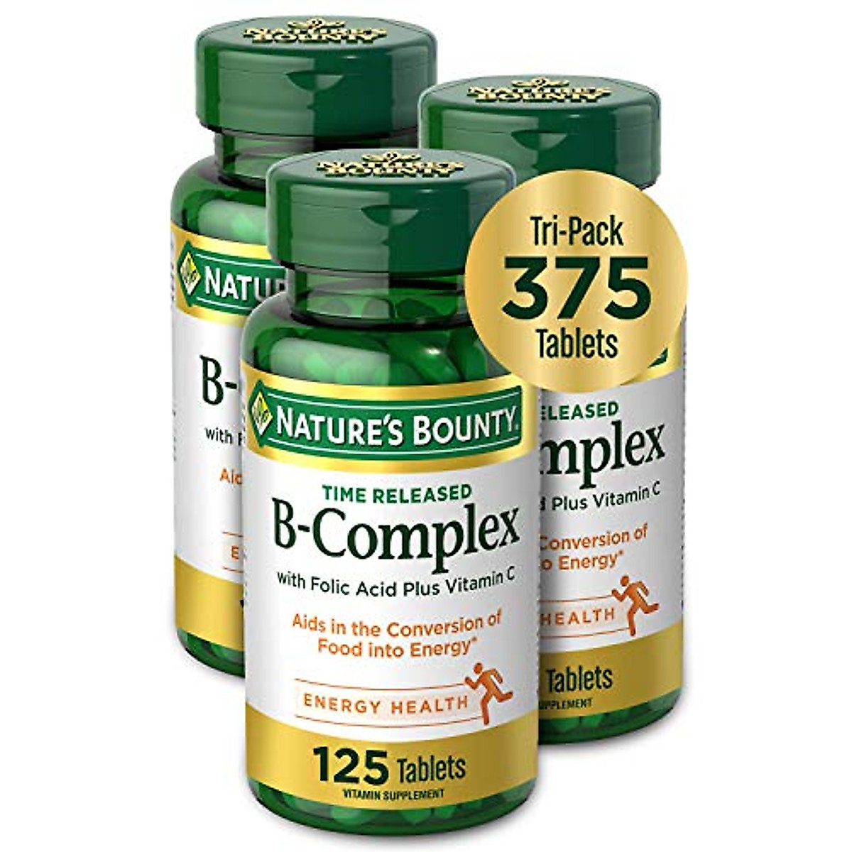 Vitamin B-Complex by Nature's Bounty, Time Released Vitamin Supplement w/ Folic Acid Plus Vitamin C, Supports Energy Metabolism and Nervous System Health, 125 Tablets (Pack of 3)