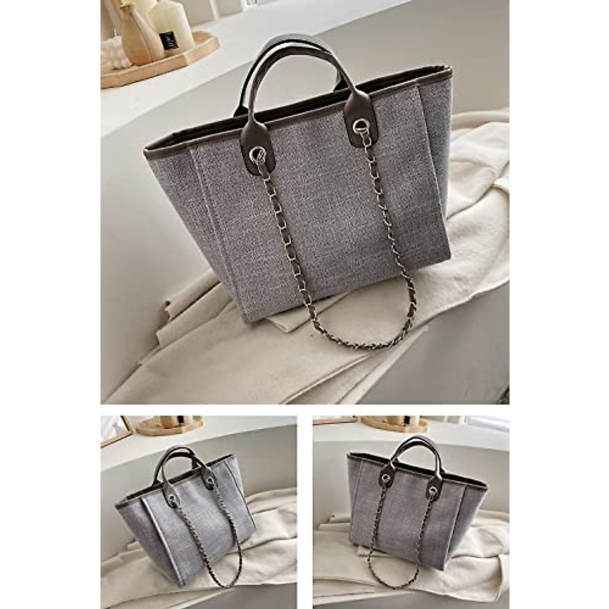 XACKWUERO Women Fashion Classic Canvas Bag Shoulder Handbag Tote Shopper Bag with Chain Shoulder Strap (A Grey)