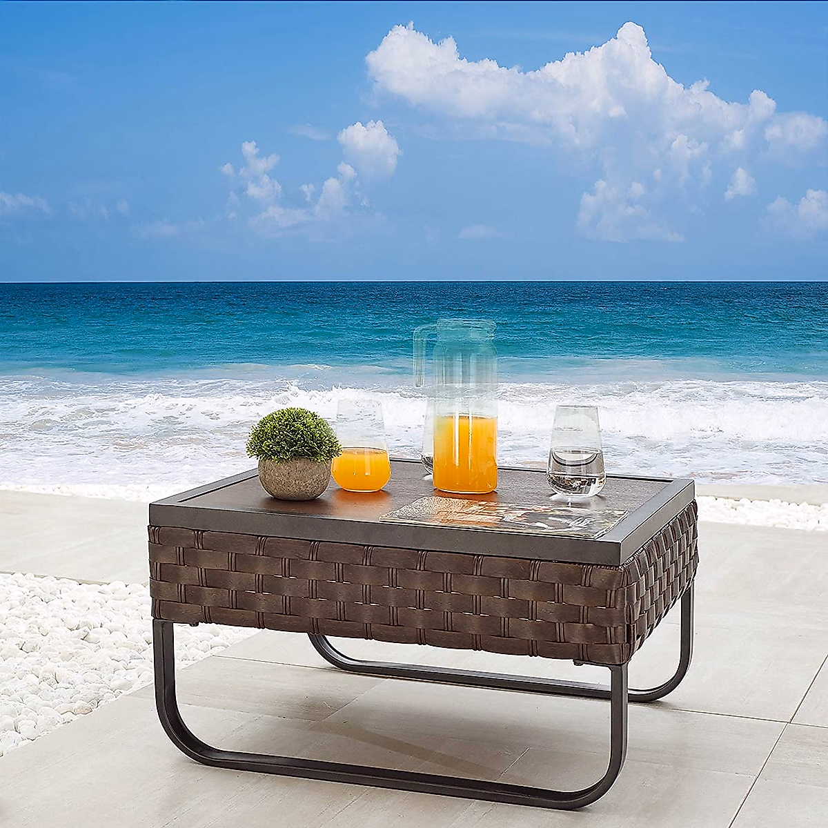 LOKATSE HOME Patio Dining Furniture Outdoor Square Bistro Side Coffee Table with Rattan Wicker Metal Slatted Steel Frame Aluminum Plastic Plate Wood Grain Desktop, Brown