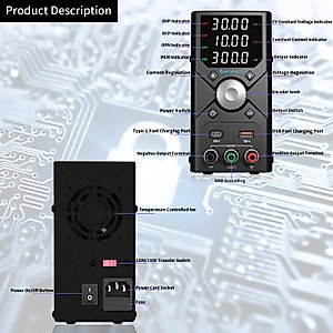 Jesverty DC Power Supply Variable, 0-60V 0-5A Adjustable Switching DC Regulated Bench Power Supply with 20W USB & Type-C Quick-Charge, Encoder Knob, 4-Digit LED Display, Preset Memory - SPS-6005X