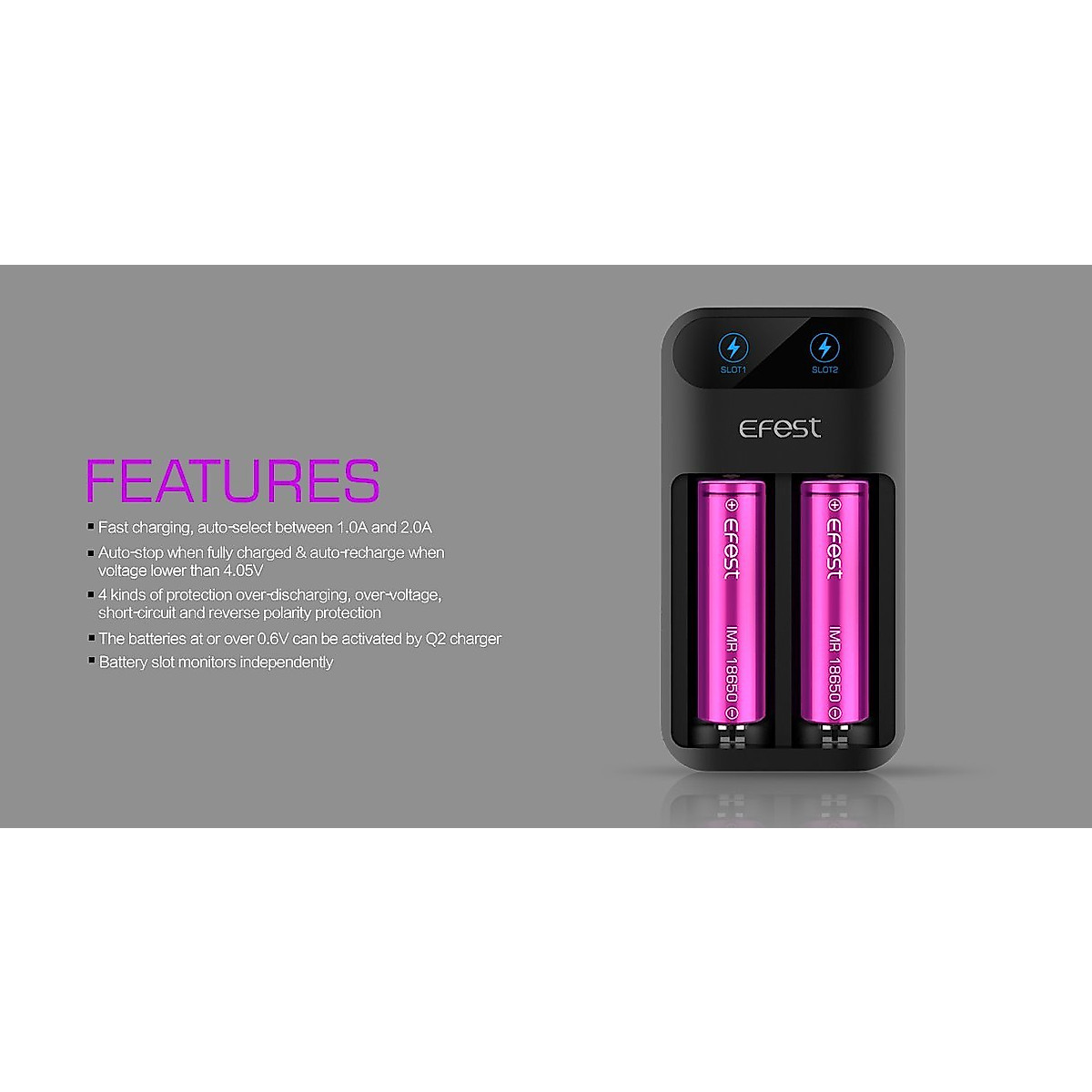 Efest LUSH Q2 Intelligent LED Battery Charger Compatible with Lithium IMR 3.6V and 3.7V Batteries