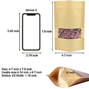 100 Pcs Resealable Stand Up kraft Paper Bags with Window for Packaging Products, Reusable Zip Lock Food Storage Pouch Bags (4.7" x 7.9")