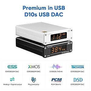 Topping D10s DAC HiFi USB DAC XU208 ES9038Q2M DSD256 384kHz USB Input Coax/Opt/RCA Output Mini Desktop Audio Decoder (Silver)