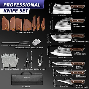 Dfito Butcher Knife Set with Roll Bag, 14 in 1 Professional Chef Knife Set, Hand Forged Chopping & Meat Cleaver & Viking Knives, High Carbon Stainless Steel Kitchen Knife Set for Kitchen Camping BBQ