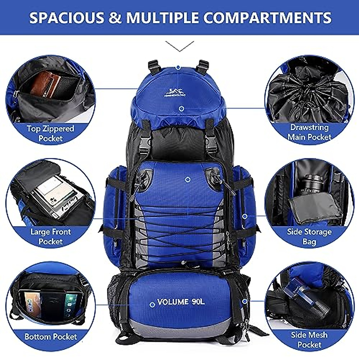 Unineovo 90L Hiking Backpack for Women Men, Waterproof Camping Essentials Bag with Rain Cover, 90 Liter Lightweight Backpacking Back Pack -No Frame (Light Blue)