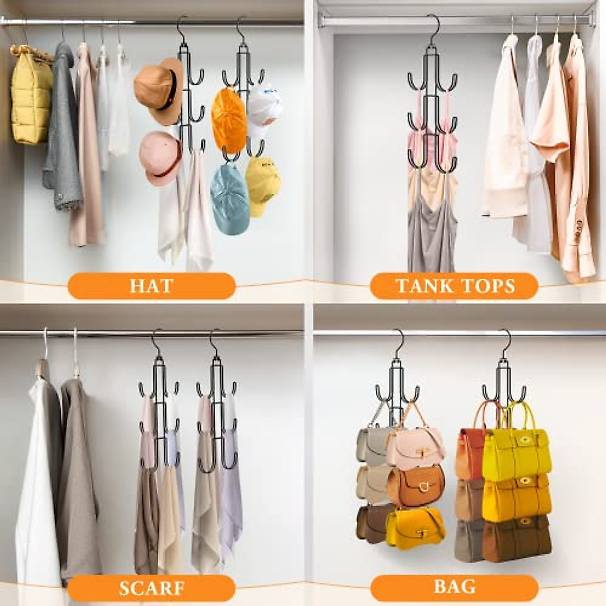 Purses Hanger Organizer for Closet 2 Pack, Myfolrena Metal Purse Holder for Closet Space Saving Bag Storage Hook for Hanging Handbags, Belts,Scarves,Tote,Hats,Clothes,Bags,Ties (Black)