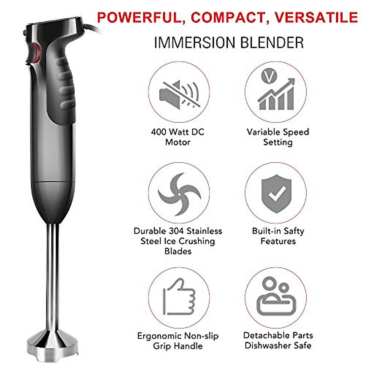 iCucina 4-in-1 Variable Speed Immersion Hand Blender, Powerful 400W DC Motor, One Button Operation Smart Stick Blender with Whisk, Beaker, Chopper attachments, Black