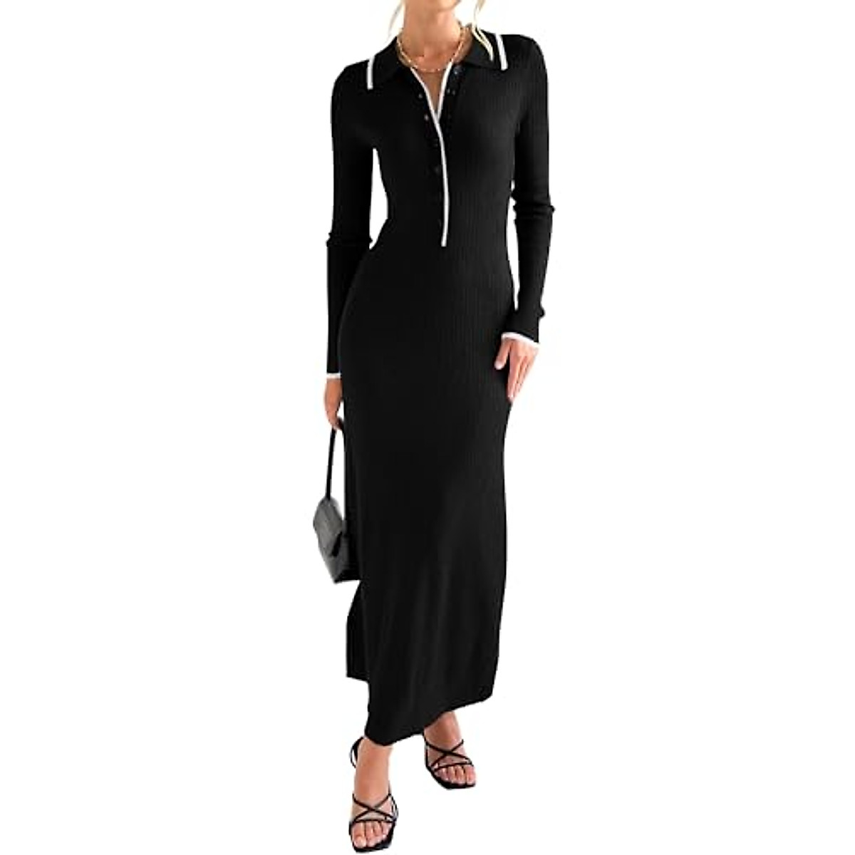 Langwyqu Womens Knit Long Sweater Dress Button V Neck Collared Long Sleeve Ribbed Bodycon Pullover 2024 Fall Maxi Dresses Black