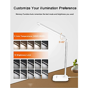 LED Desk Lamp for Home Office - Dimmable, Eye-Caring Reading Table Lamp, 5 Lighting Modes 10 Brightness Levels, Touch Control, 30/60 min Auto Timer