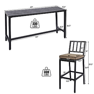 Sumshadow Outdoor Patio Bar Set, Bar Height Patio Dining Set, Weather-Resistant Bistro Counter Pub Set with Cushions & Slatted Tabletop for Backyard, Garden, Yard (63" Table, 6 "I Style Stool, Black)