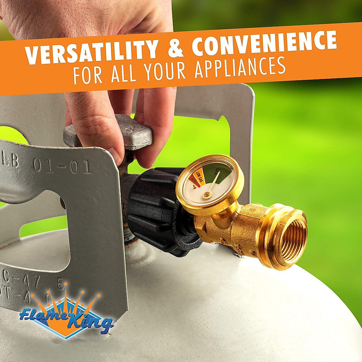 Flame King Propane Tank Gauge Level Indicator Leak Detector Gas Pressure Meter Color Coded & Glow in the Dark Universal for Cylinder, BBQ Gas Grill, RV Camper, Heater and More Appliances - Type 1 Connection, Universal Fit, Model Number: GM212