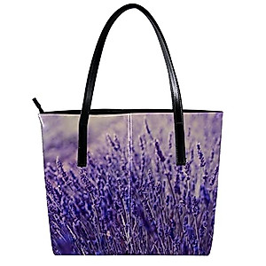 Beautiful Provence Lavender Pattern Leather Tote Shoulder Bag for Women Satchel Handbag