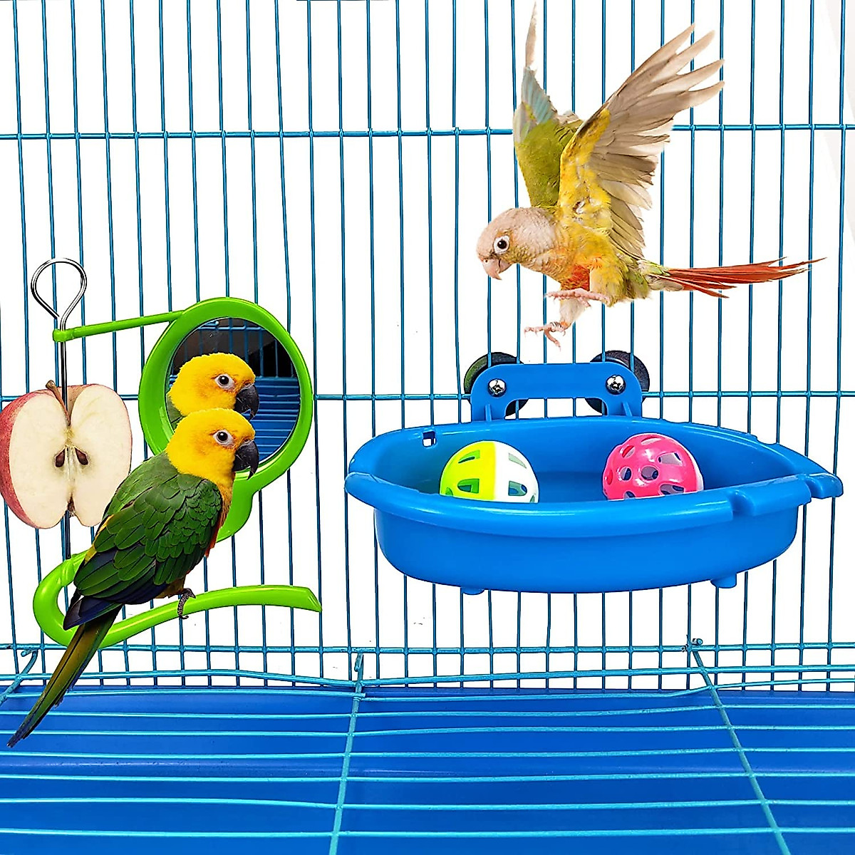 Bird Bath for Cage with 3 Balls Bird Tub Bowl Basin Hanging Birdbath Toy Pet Parrot Cage Budgie Accessories Shower Parakeet Cockatiel Water Shower Box Food Feeder Holder Tray Bird Cage Accessories