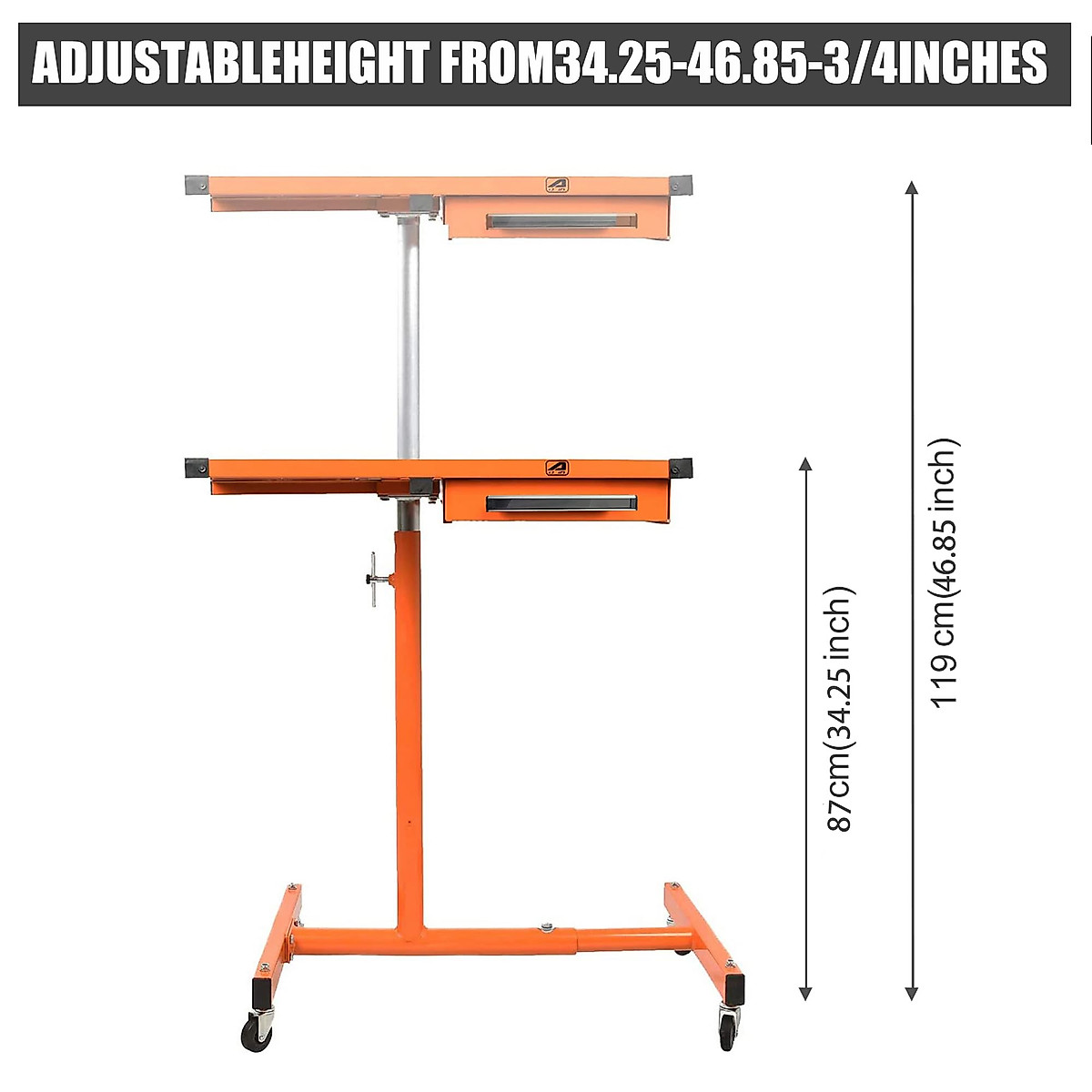 Aain LT18 Heavy Duty Adjustable Work Table with Drawer for Mechanic,220lbs Capacity Rolling Tool Tray Table with Wheels Orange