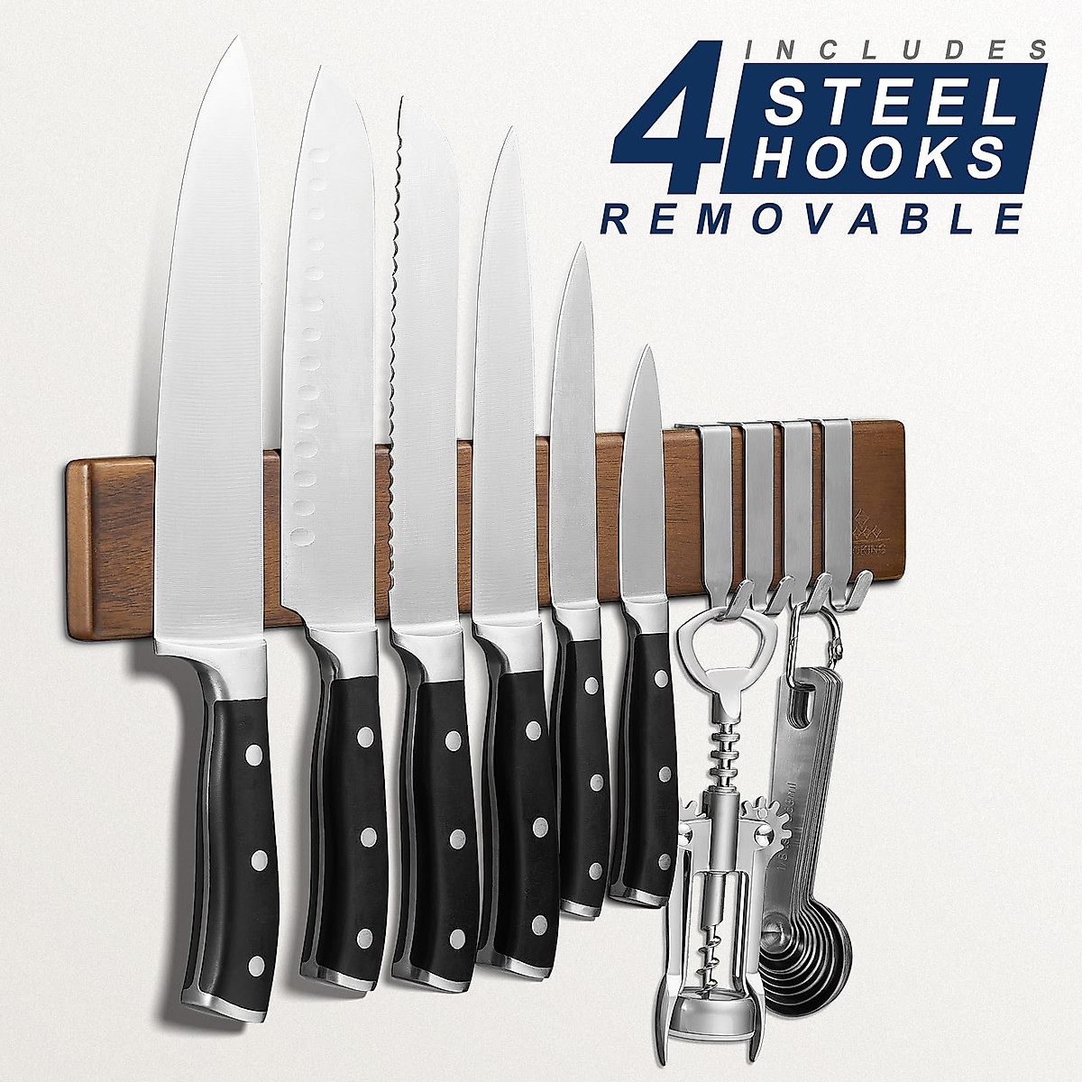 ENOKING Knife Magnetic Strip, Magnetic Knife Holder for Wall 16 Inch, Powerful Magnetic Knife Strip Acacia Wood Magnetic Knife Holder for Refrigerator, Wall Mount Magnet Knife Bar with 4 Hooks