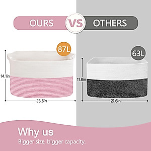 MEGASKET XXXL Pink Storage Basket, 23.6" x 15.7" x 14.1" Rectangle Cotton Rope Basket, Extra Large Blanket Basket, Kids Toy Basket Bins, Wicker Woven Basket, Decorative Basket Gift for Nursery Storage