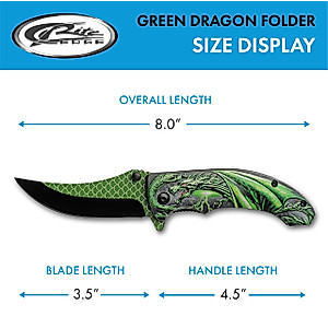 SZCO Supplies 300551-GN Green Dragon Assisted Open Liner Lock Edc Upsweep Folding Knife, 8" Length