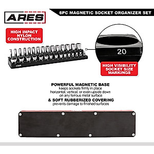 ARES 60160-6-Piece Magnetic Socket Organizers - Metric and SAE Set Black and Green -1/4 in, 3/8 in, 1/2 in Socket Holders -143 Pieces of Standard (Shallow) and Deep Sockets -Organize Your Tool Box