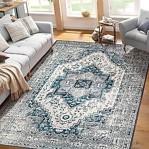 GAOMON Washable Area Rug 8x10 Washable Rugs Oriental Rug with Non-Slip Backing, Blue Plant Floral Pattern Vintage Rug for Living Room Bedroom Dining Home Office,8x10 Blue