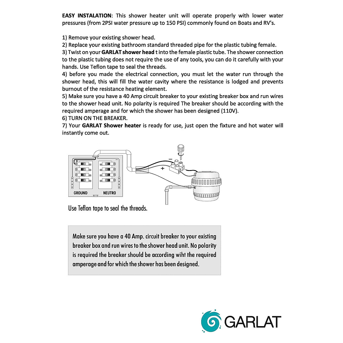 GARLAT LATINA Electric Instant Hot Water Shower Head Heater/Ducha Eléctrica 220V (LT13 220V)