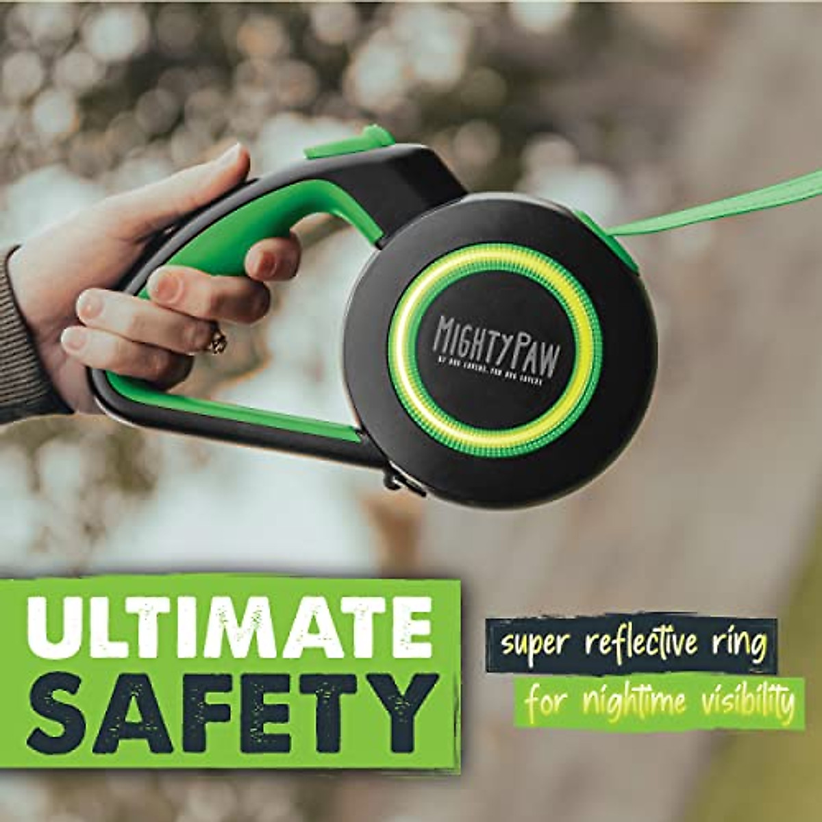 Mighty Paw Retractable Dog Leash 2.0 | 16’ Heavy Duty Reflective Nylon Tape Lead for Pets Up to 50 LBS. Tangle Free Design W/One Touch Quick-Lock Braking System & Anti-Slip Handle. (Green/Lite)