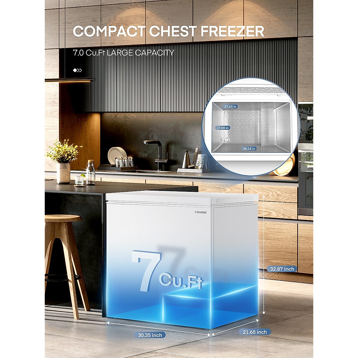 FOHERE 7.0 Cu.Ft Chest Freezer, Compact Deep Freezer with Three Removable Basket, Free Standing Top Open Door, Adjustable Temperature, For Kitchen Garage Office Bar, White